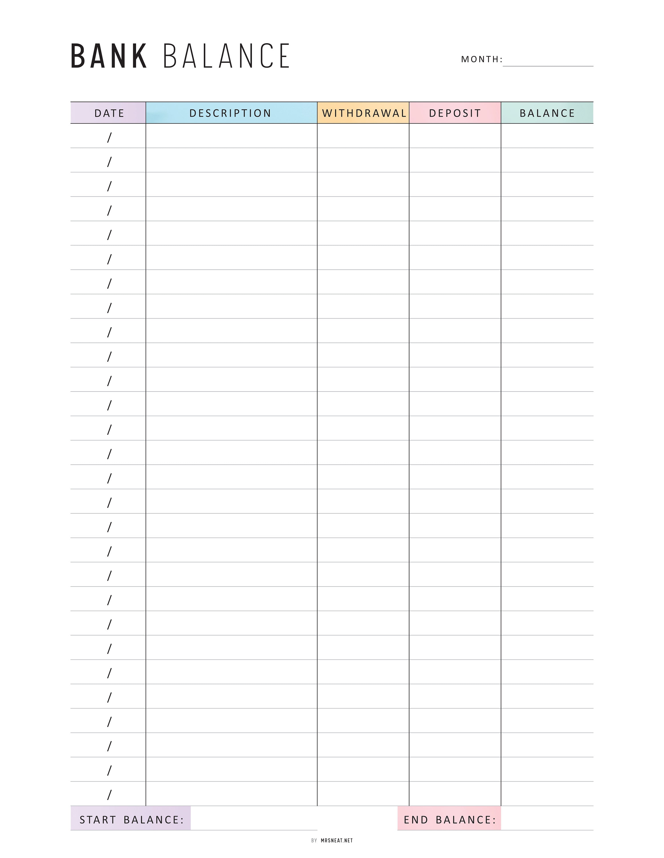 Bank Balance Sheet Printable: Savings Tracker, Finance Log (PDF) - Etsy