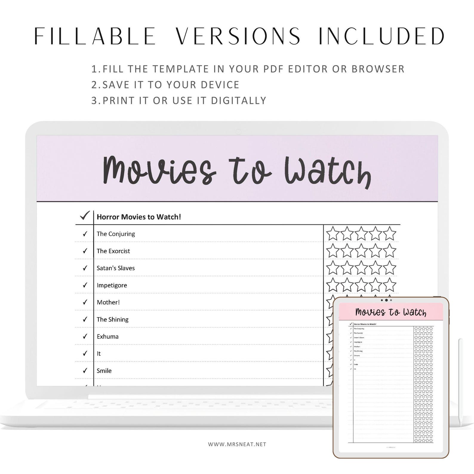 Printable Movies to Watch, Watch List Template, Fillable Movies to ...