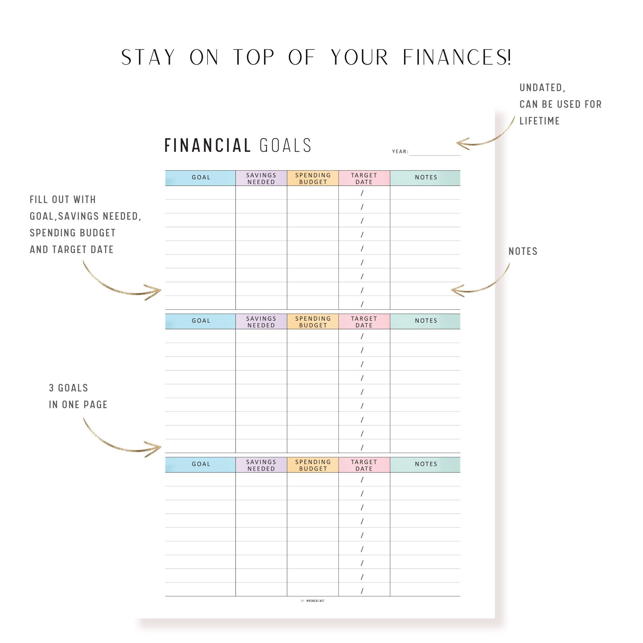 FILLABLE Financial Goals Tracker: PRINTABLE Planner, 2 Colors (A4, A5 ...