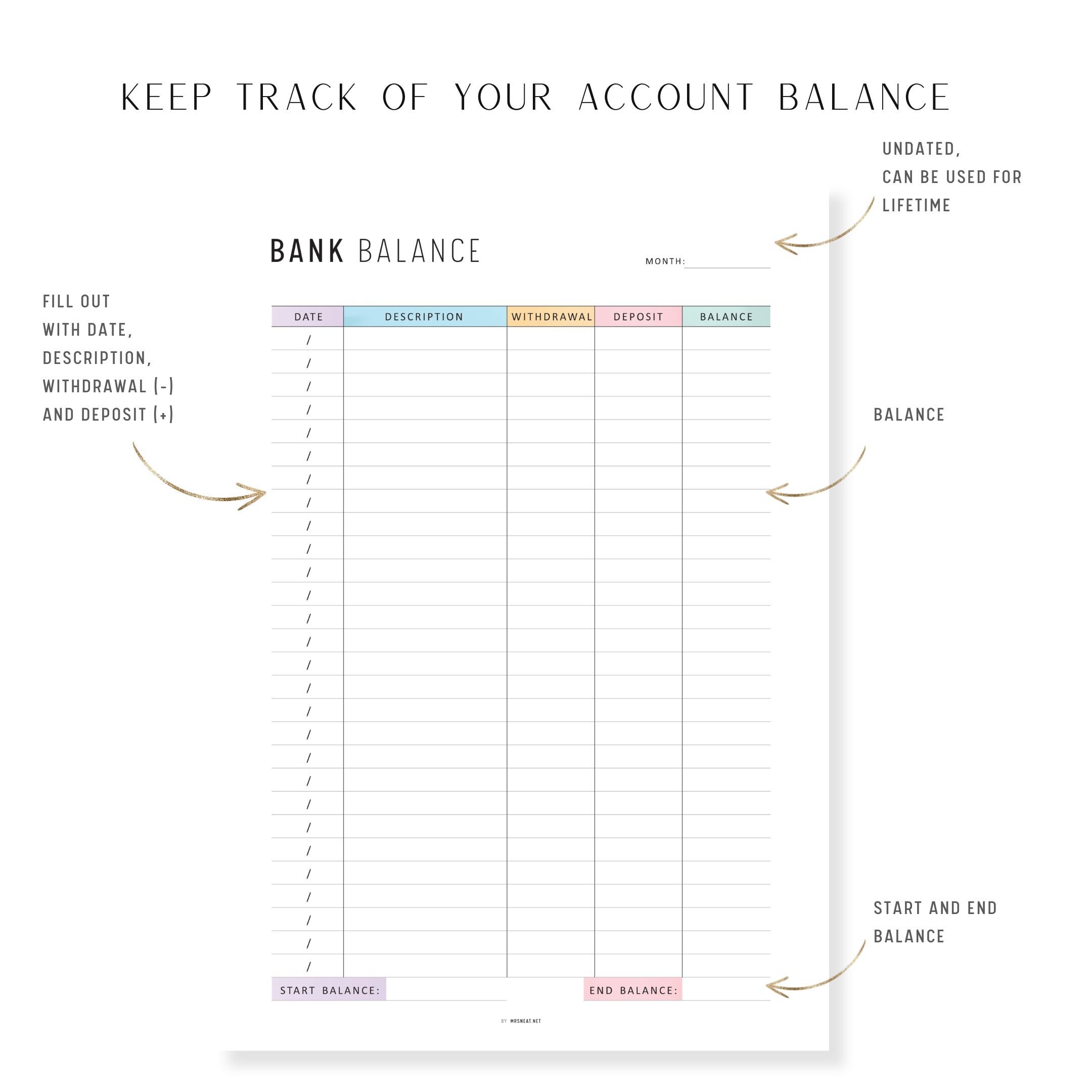 Bank Balance Sheet PRINTABLE, Savings Tracker, Banking Record, Finance ...