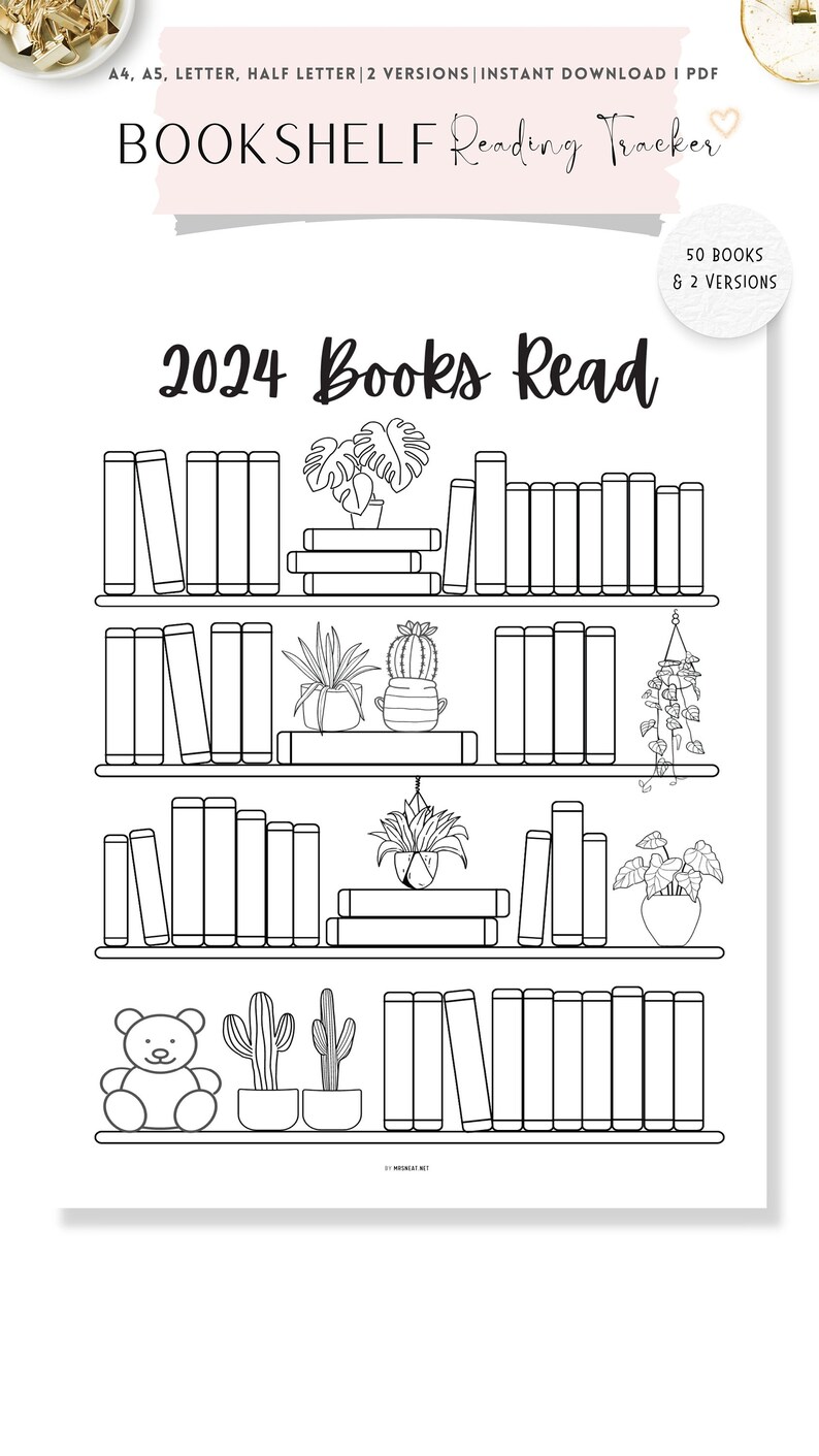 Bookshelf Reading Tracker Printable, 2024 Books Read, 50 Books Read ...