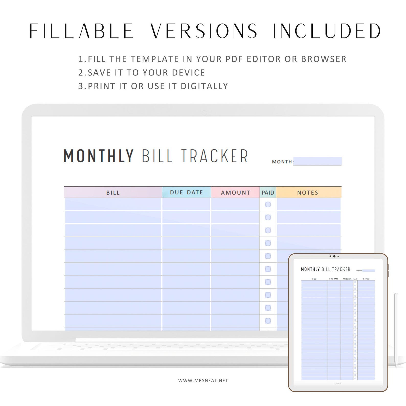 FILLABLE Monthly Bill Tracker PRINTABLE: Payment Checklist, PDF (A4, A5 ...