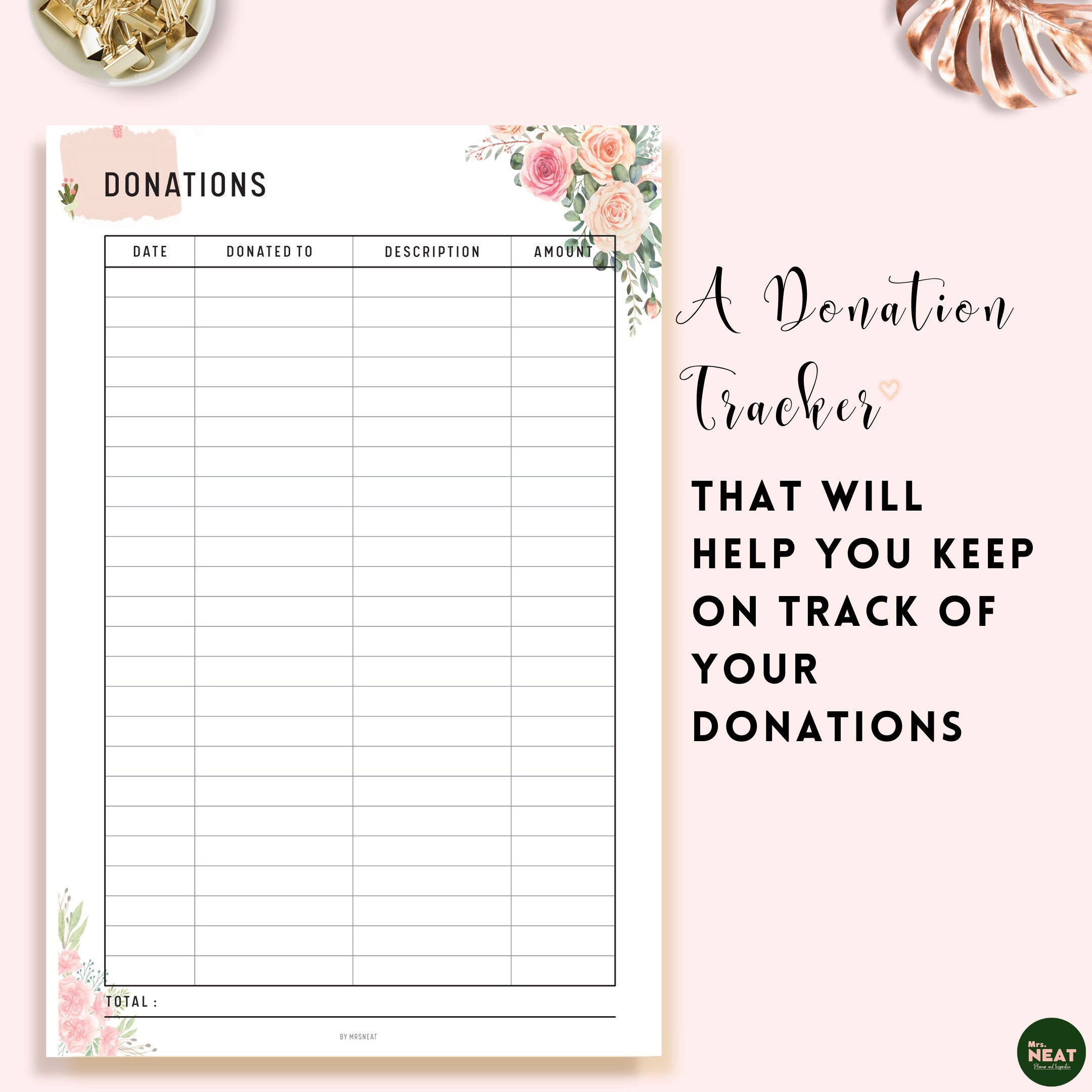 Floral Donation Tracker Printable, Charity Donation Tracker, PDF, A4 ...