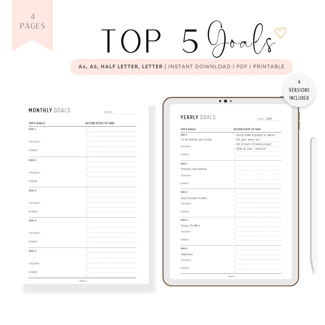 Fillable Top 5 Yearly Goals Printable, Top 5 Goals Planner, Quarterly ...