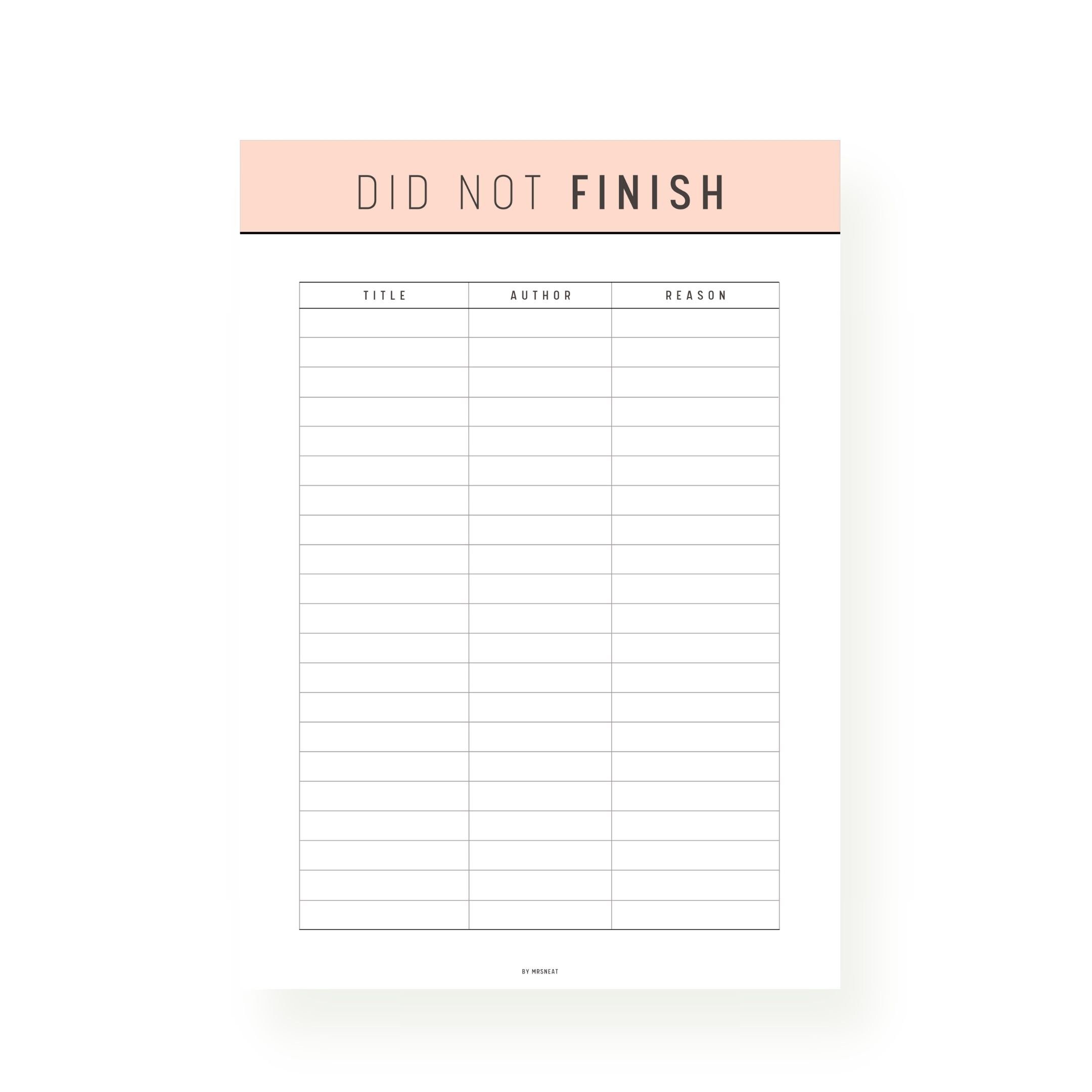 Did Not Finish Books Tracker, Fillable Declutter Book List, Unfinished ...