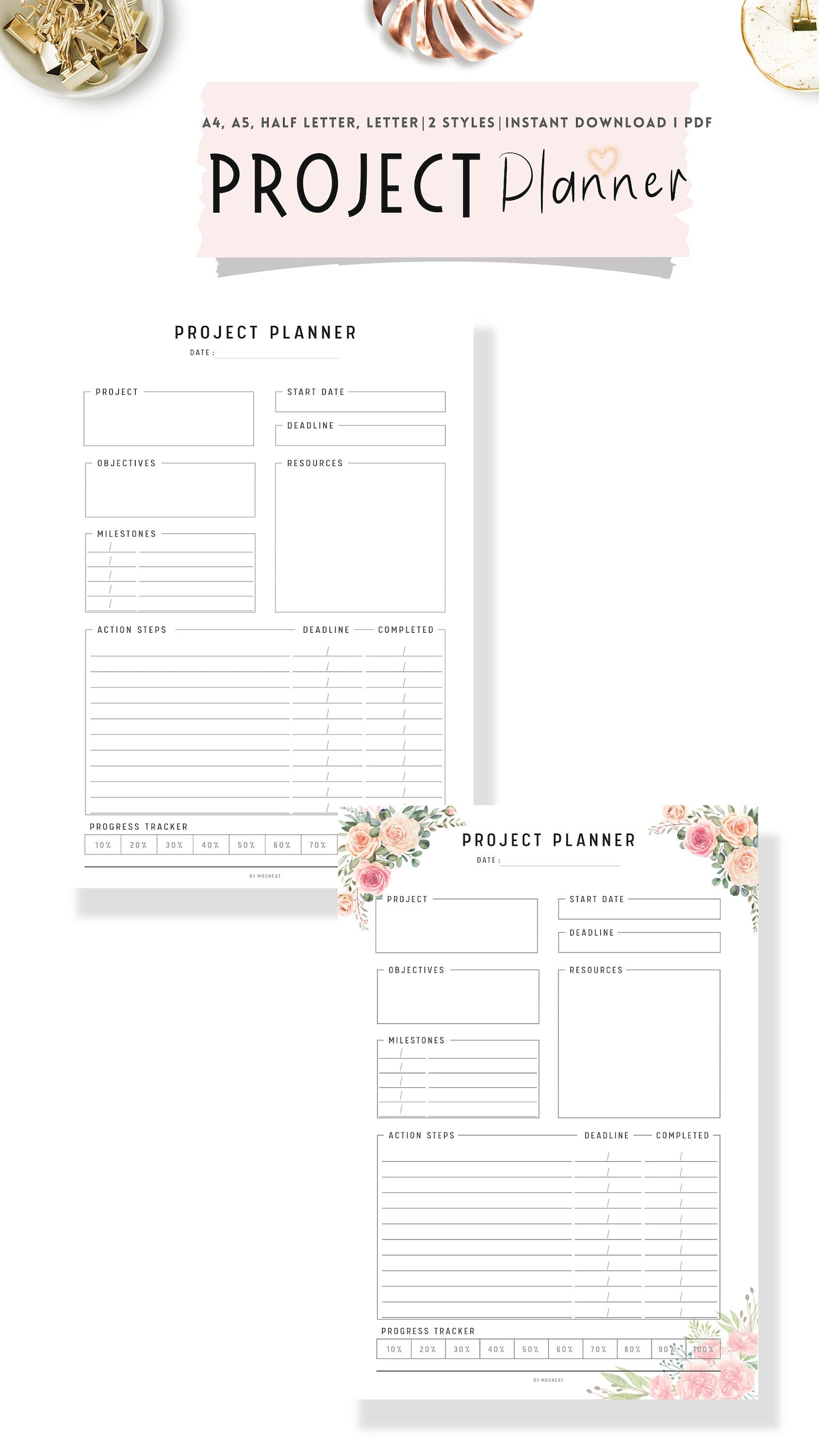 Project Planner Printable, Project Plan Template, PDF, A4, A5, Letter ...