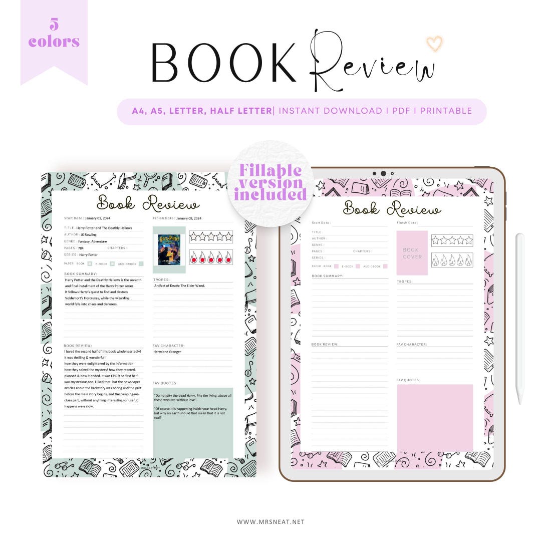 FILLABLE Book Review Template PRINTABLE PDF: Reading Journal (A4, A5 ...