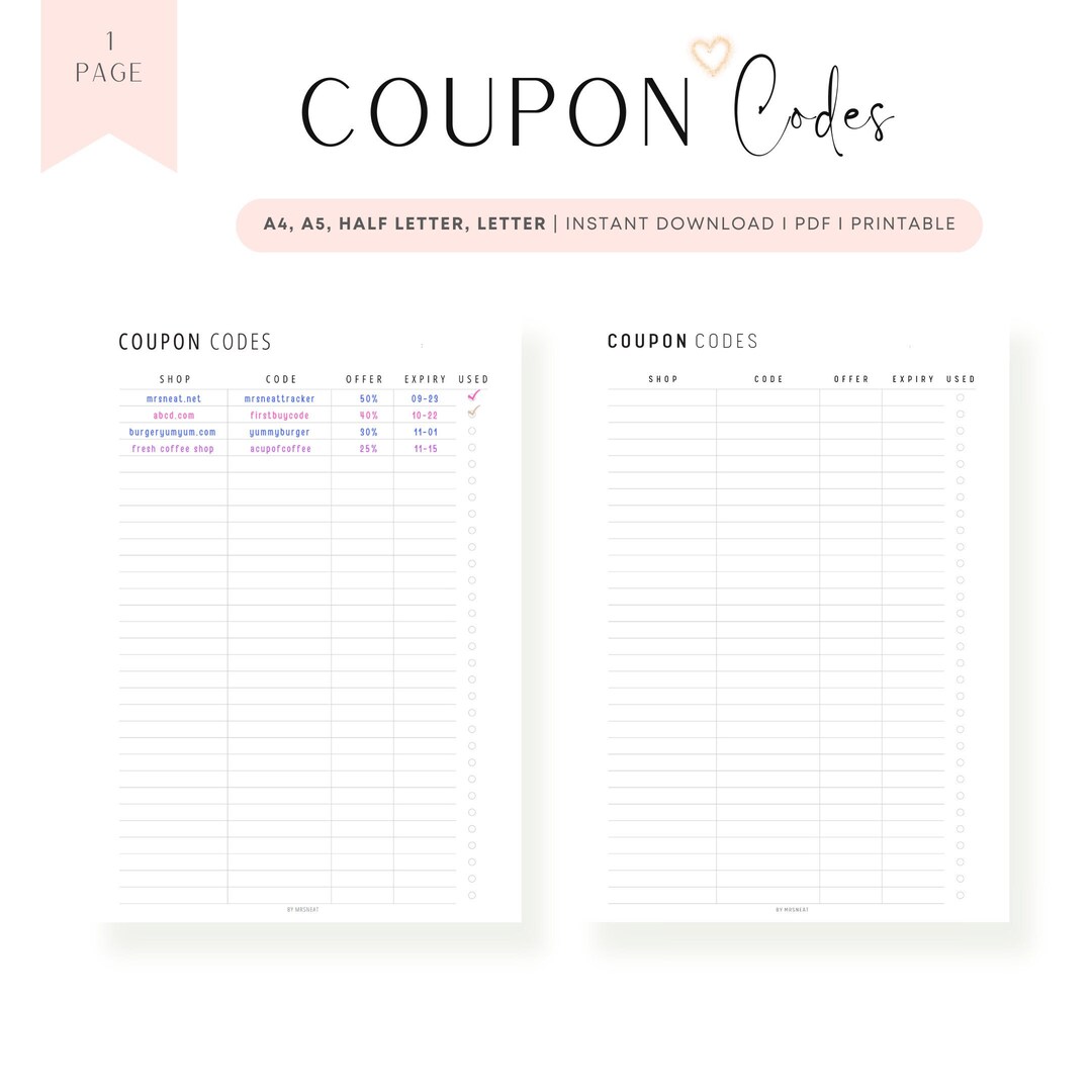 Fillable Coupon Code Tracker PRINTABLE, Coupon Code Template, Coupon ...