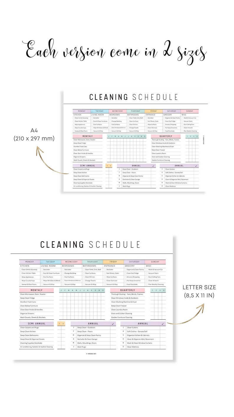 Colorful Cleaning Schedule Template PRINTABLE: FILLABLE Checklist (a4 ...