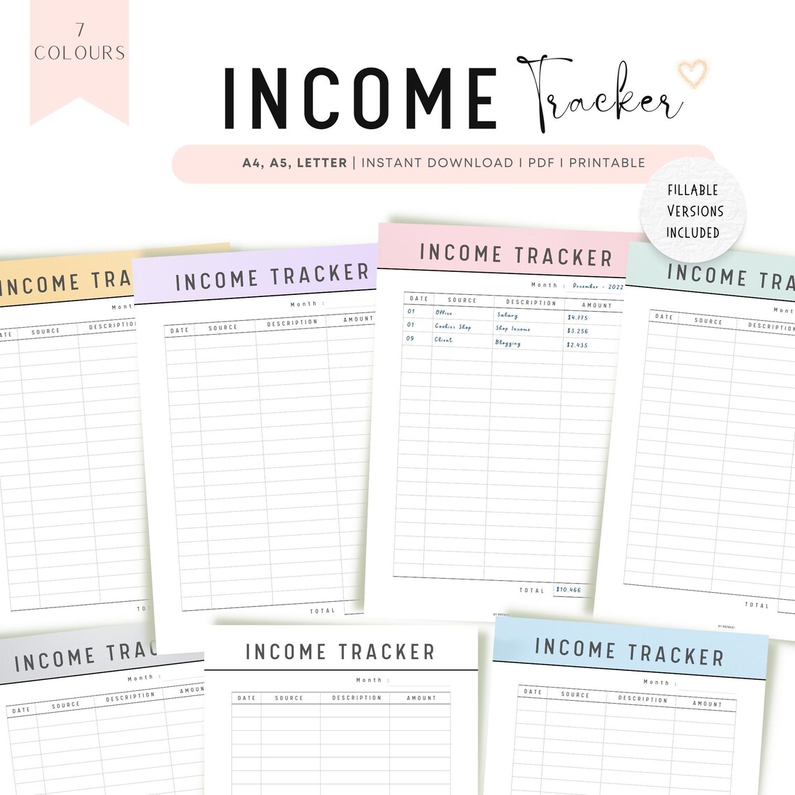 FILLABLE Income Tracker Printable: A4, A5, US Letter, 7 Colors (PDF) - Etsy