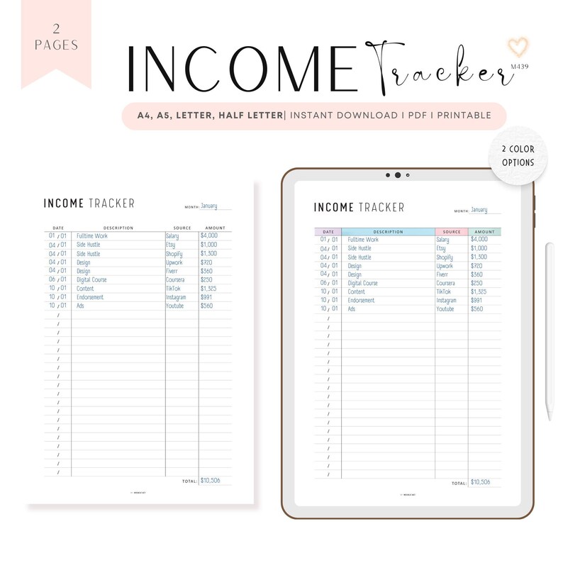Fillable Income Tracker Printable, Side Hustle Income Tracker, Monthly ...