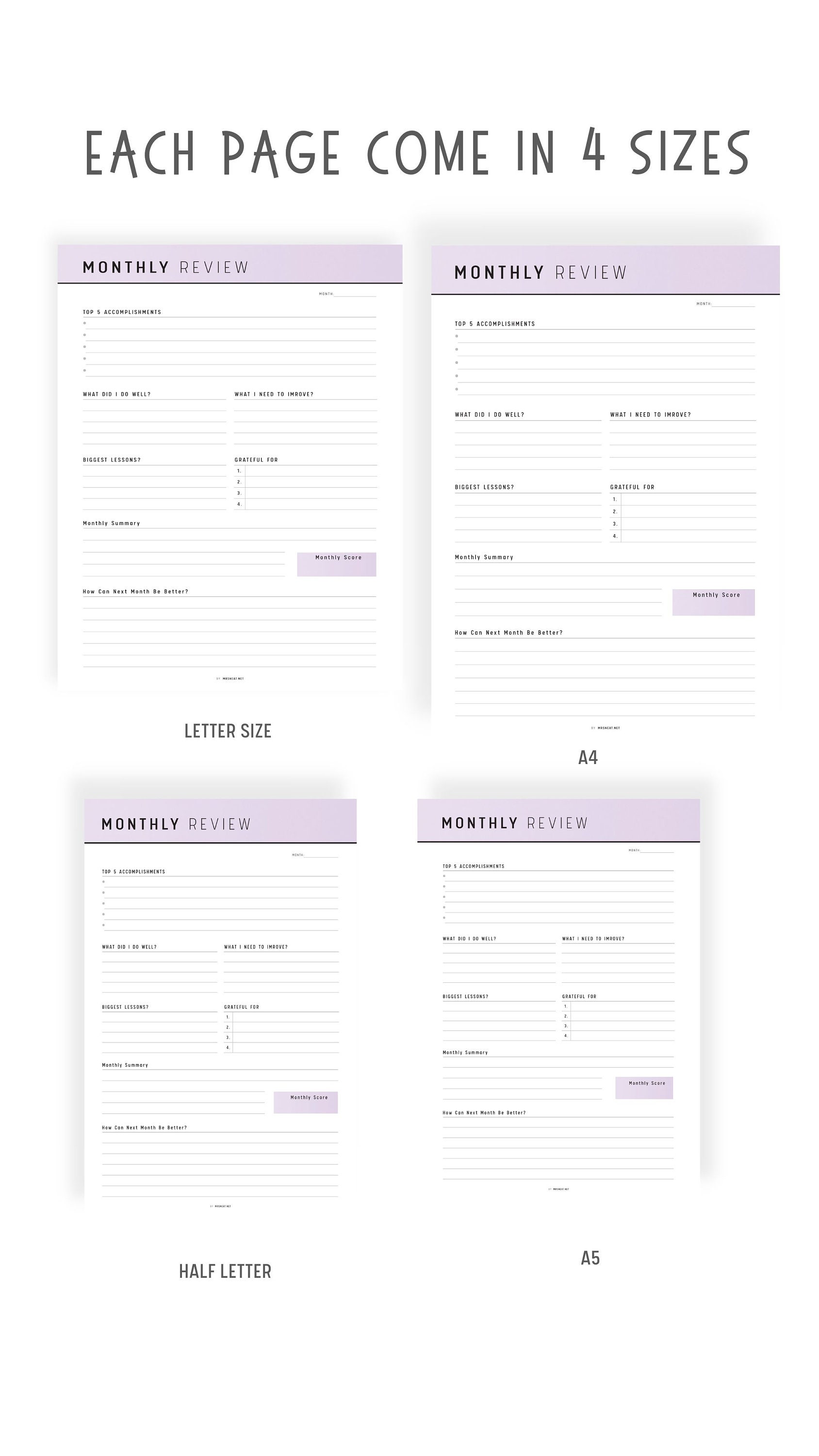 Monthly Review Template Printable, A4, A5, Letter, Half Letter, PDF, 6 ...