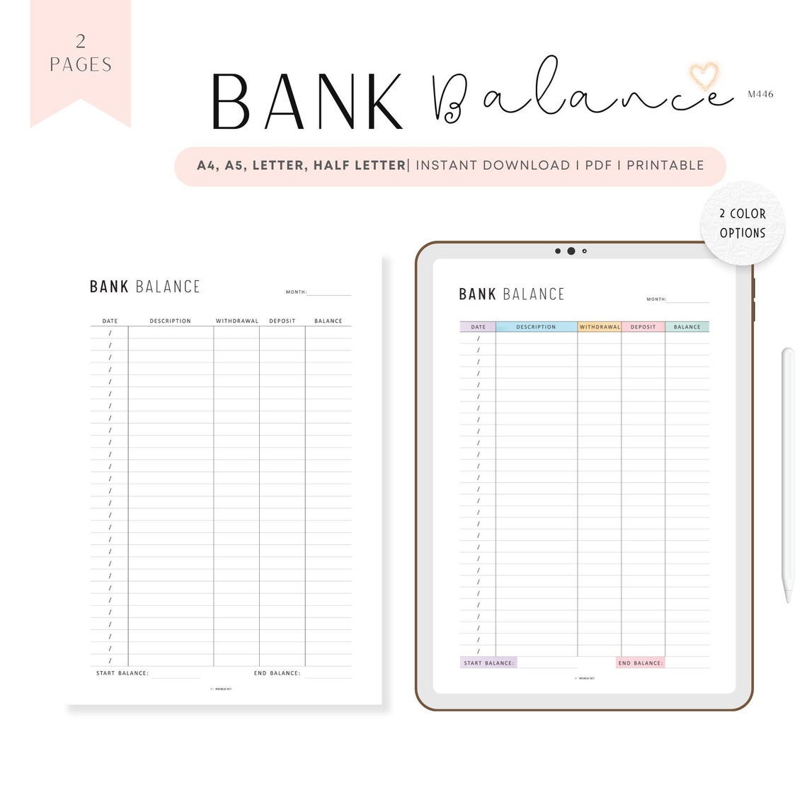 Bank Balance Sheet Printable, Savings Tracker, Banking Record, Finance ...