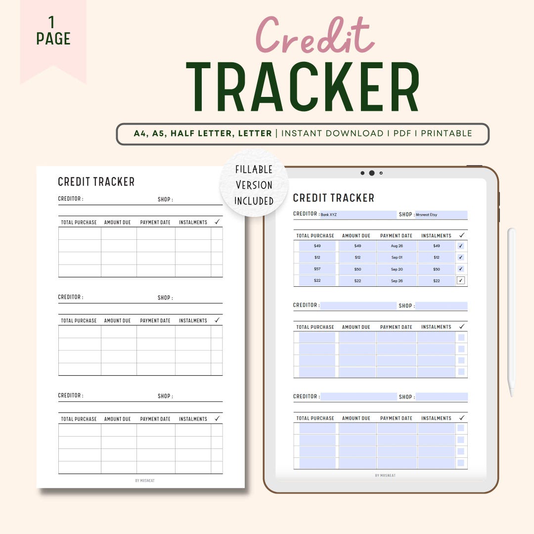 Fillable Credit Tracker Template PRINTABLE, Afterpay, Klarna, Paypal ...