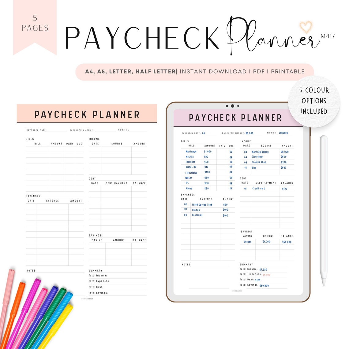 FILLABLE Paycheck Budget Planner, Bill & Expense Tracker (PRINTABLE PDF ...