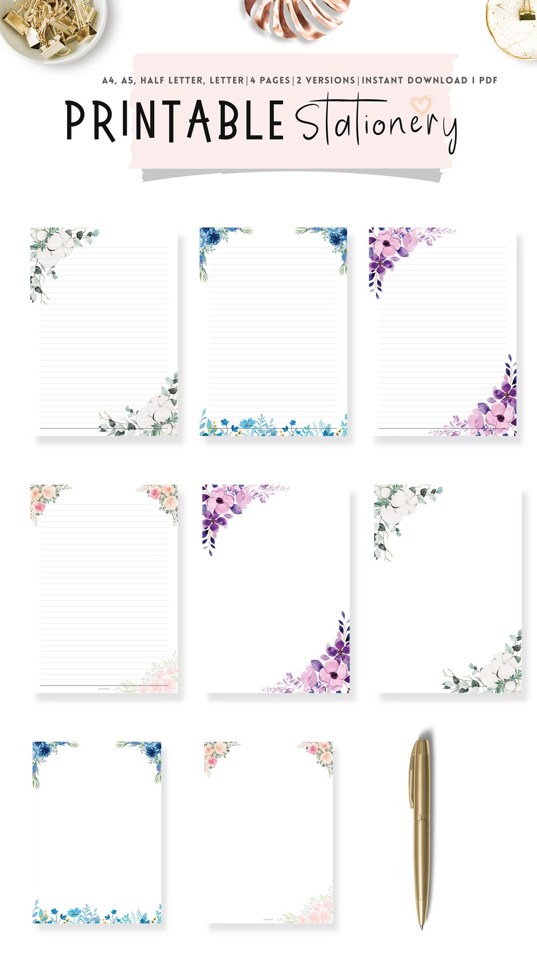 Printable Writing Paper, Floral Stationery Template, Fillable Paper ...