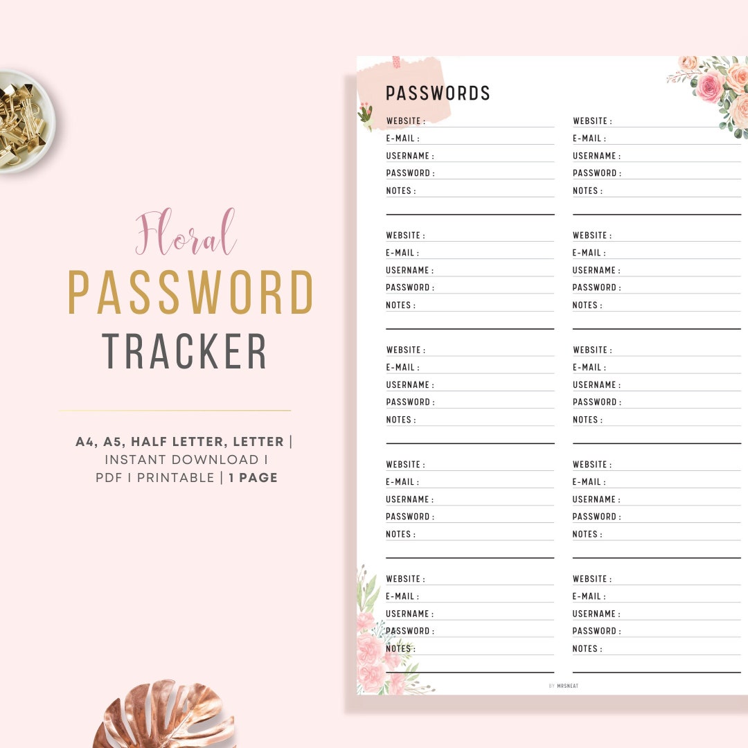 Floral Password Tracker Printable, Fillable Password Log, Password ...
