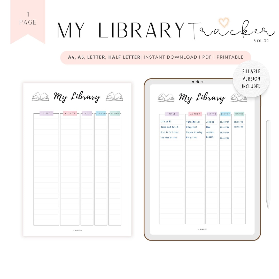 PRINTABLE Library Book Tracker: Borrowing Log, Reading Journal ...