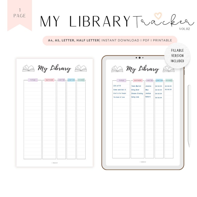 PRINTABLE Library Book Tracker: Borrowing Log, Reading Journal ...