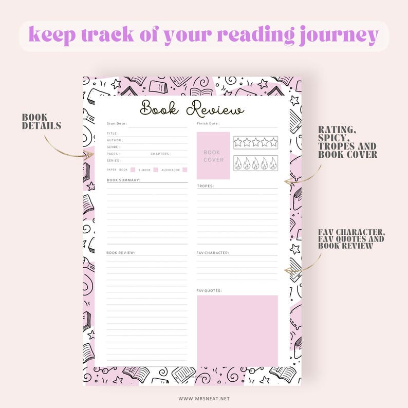 FILLABLE Book Review Template PRINTABLE PDF: Reading Journal (A4, A5 ...