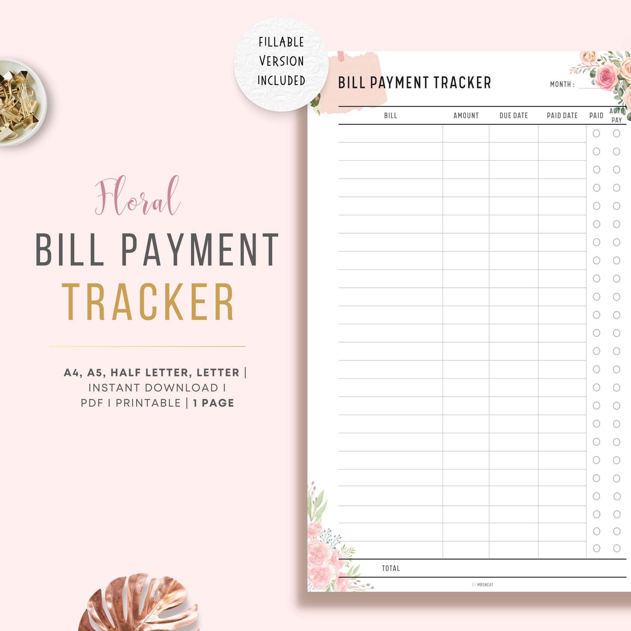 Floral Monthly Bill Payment Tracker, Fillable Bill Tracker Printable ...