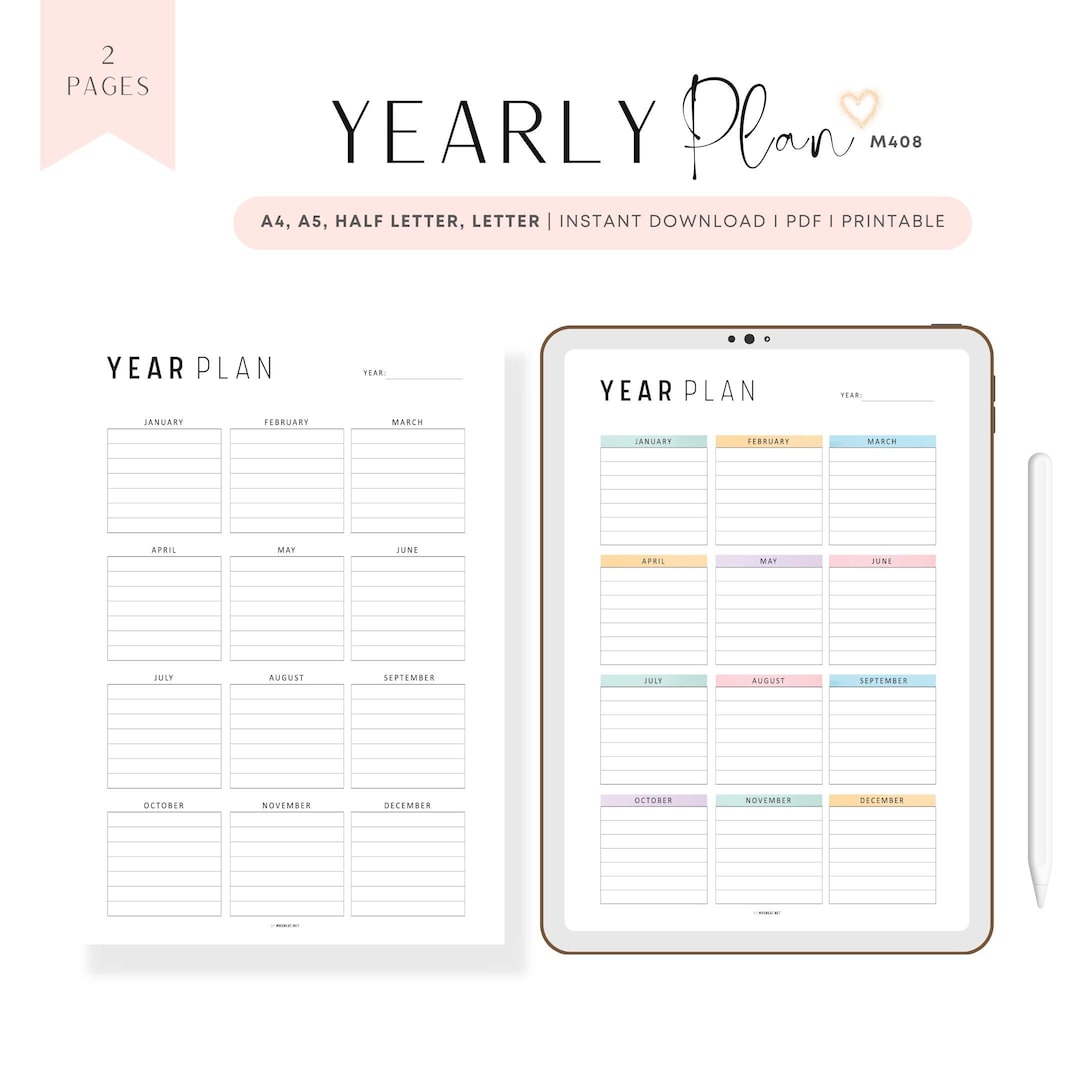 Printable Yearly Planner, Fillable Yearly Overview on One Page, Year at ...