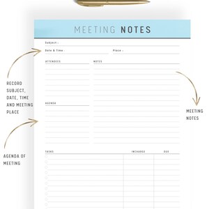 Printable Meeting Notes Template, Meeting Notes Page, PDF, A4, A5 ...