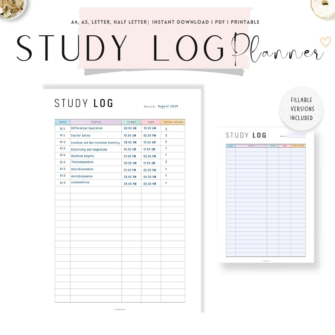 Study Log Printable, Monthly Study Tracker, Study Log Tracker, Fillable ...