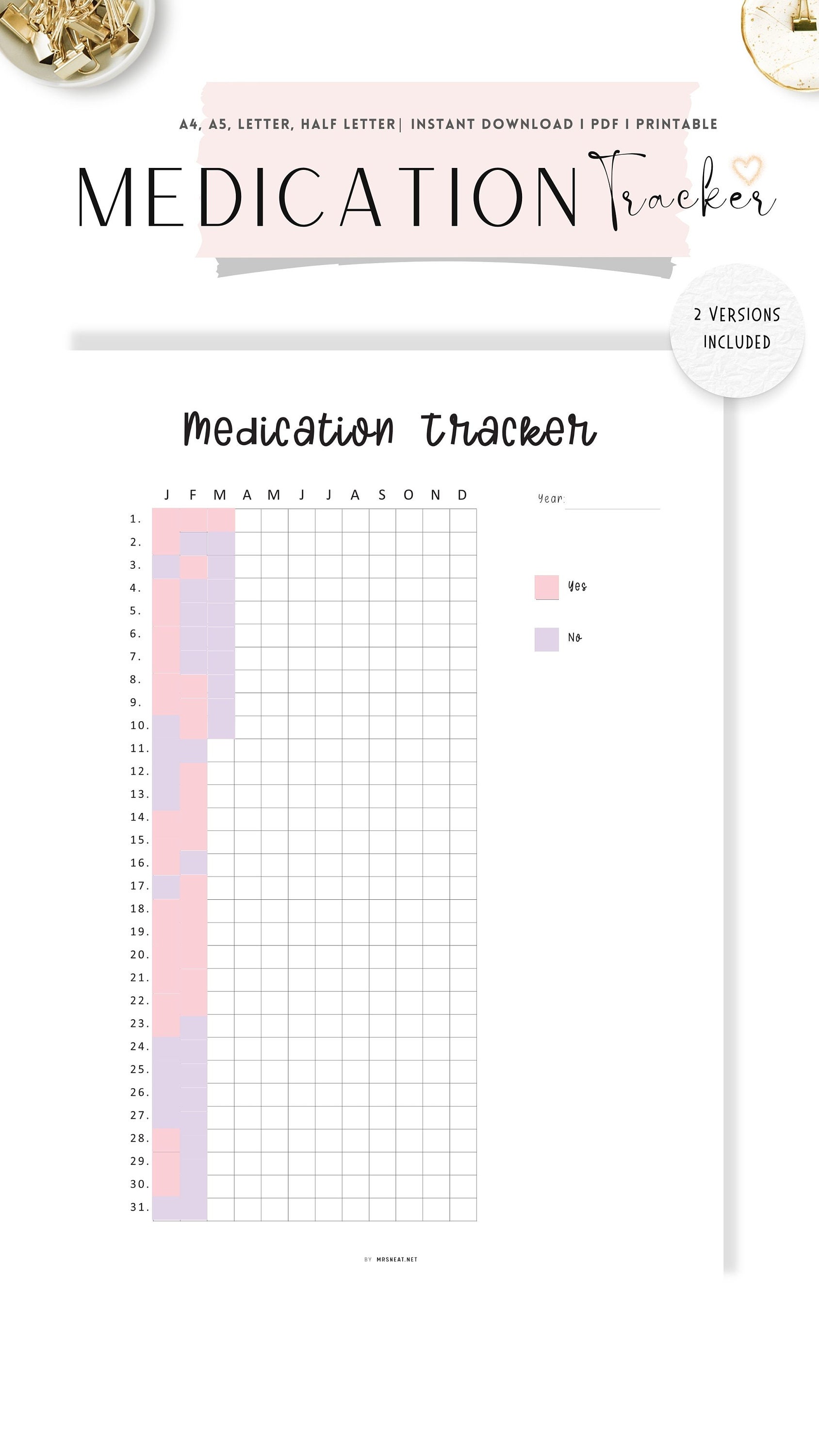 Medication Log Template Printable, One Year Medication Journal, PDF, 2 ...