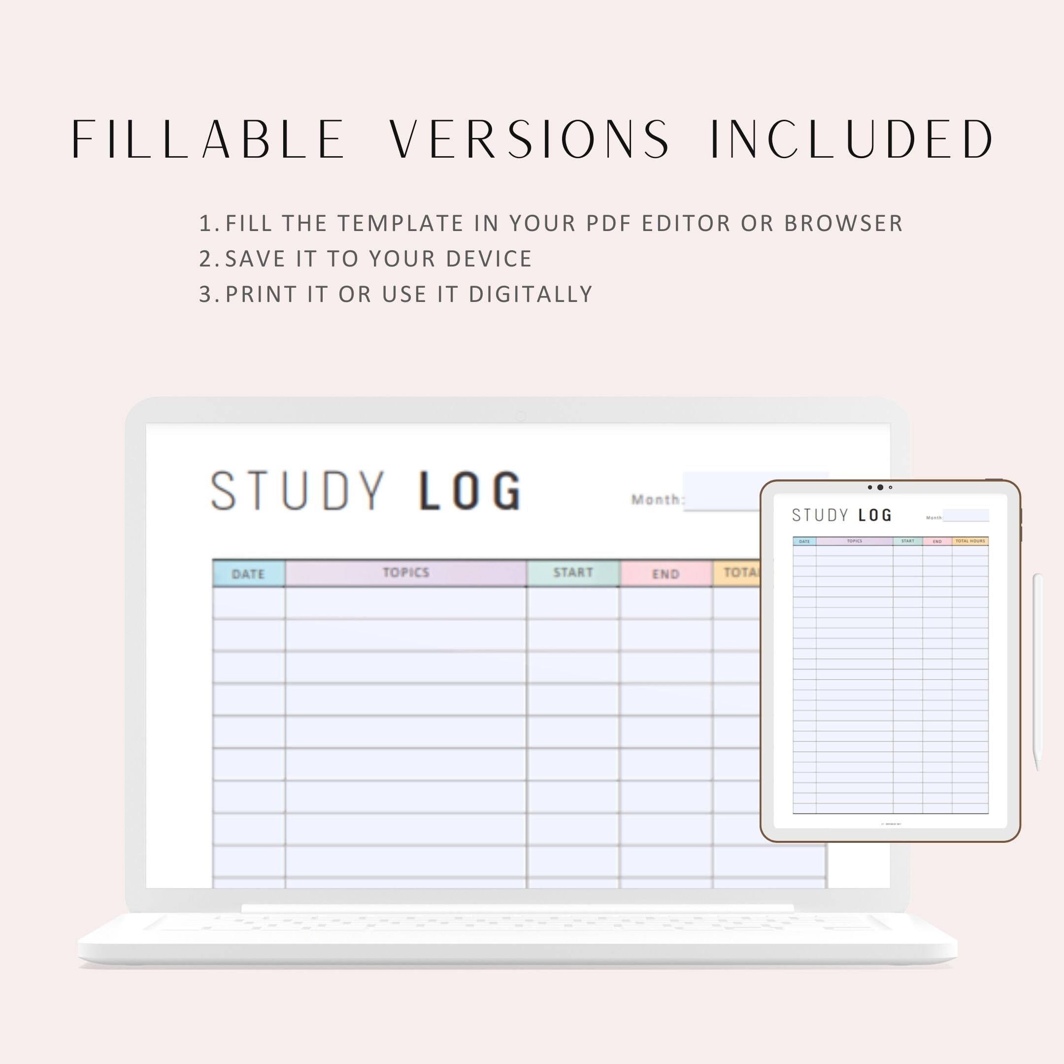 Study Log Printable, Monthly Study Tracker, Fillable Study Planner ...
