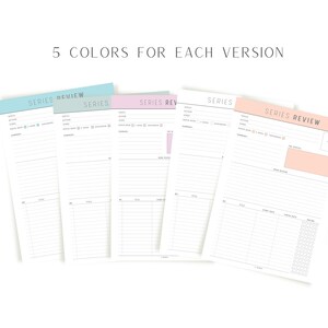 FILLABLE Book Series Review Template, PRINTABLE: 2 Versions, 5 Colors ...