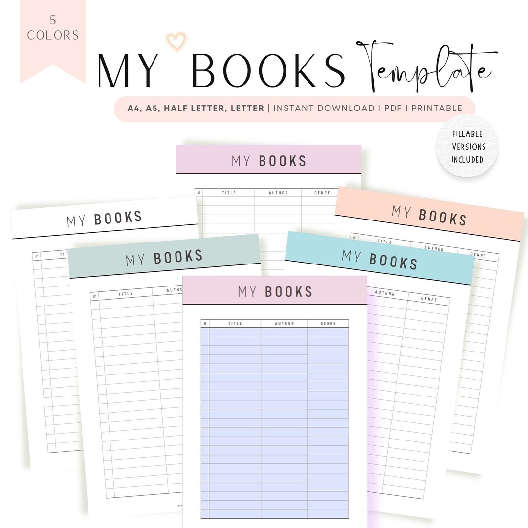 FILLABLE Reading Tracker Template, My Books List Printable, TBR List, 5 ...