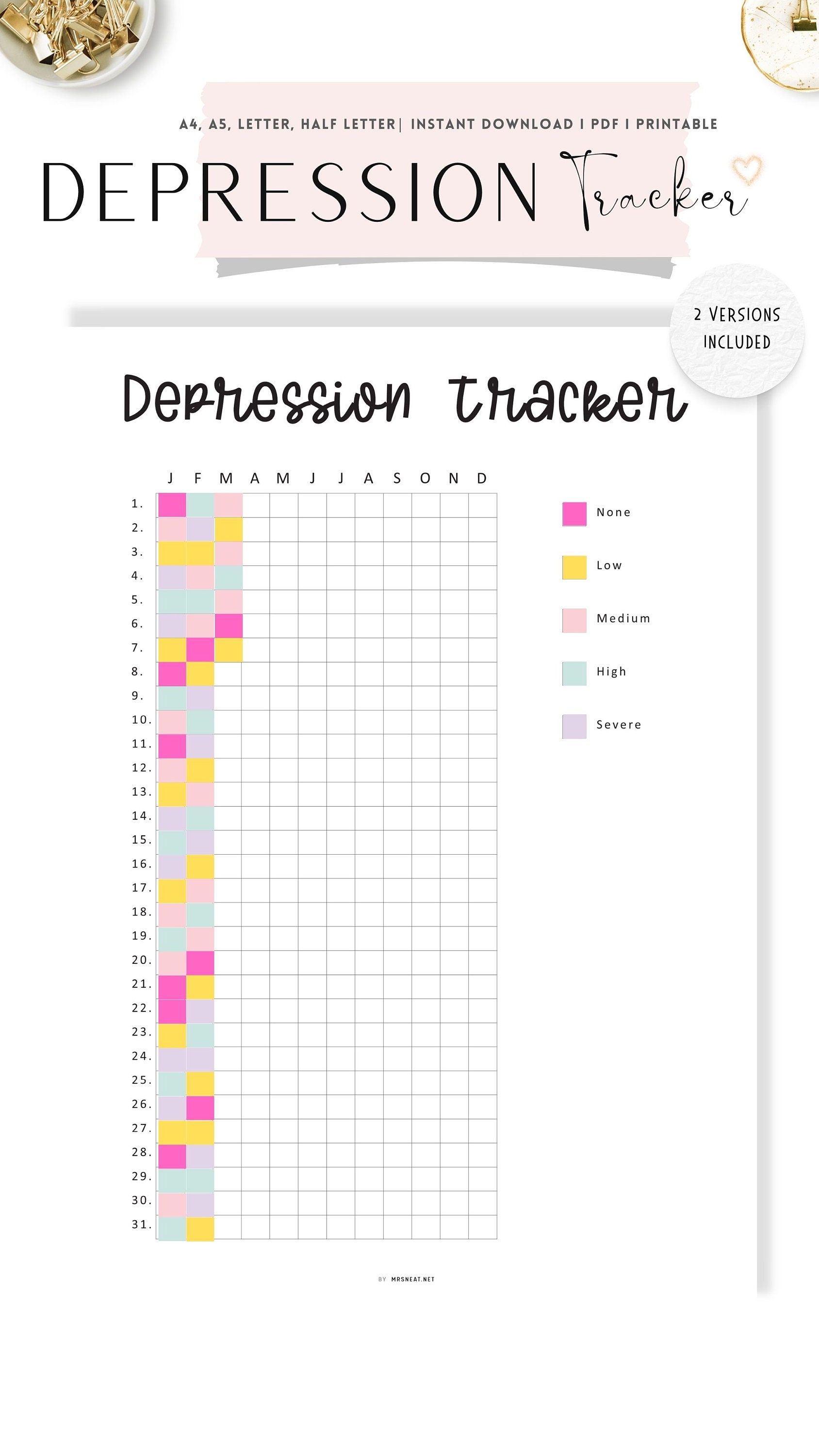 One Year Depression Tracker Printable, Depression Log Journal ...