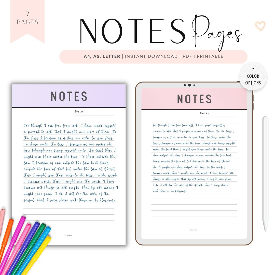 Note Pages PRINTABLE: Fillable Study Notes, 7 Colors (A4, A5, US Letter ...