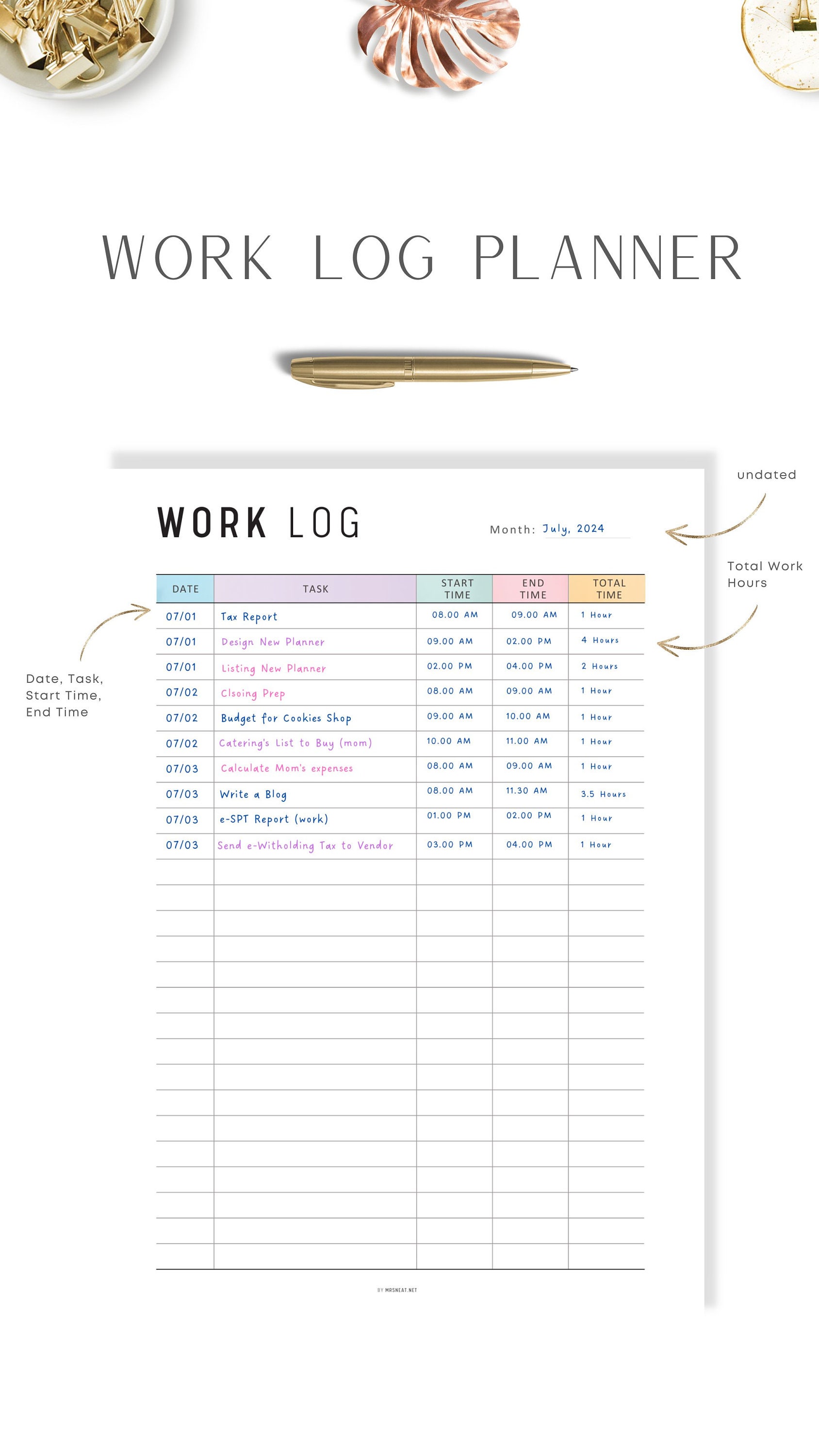 Editable Work Log Template, Work Log Printable, Monthly Work Log ...