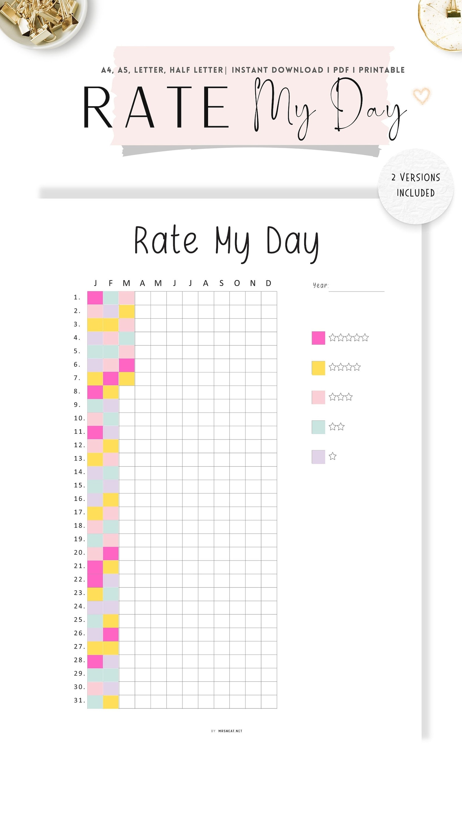 Rate My Day Tracker Printable, Daily Rating Planner, Yearly Day Rating ...