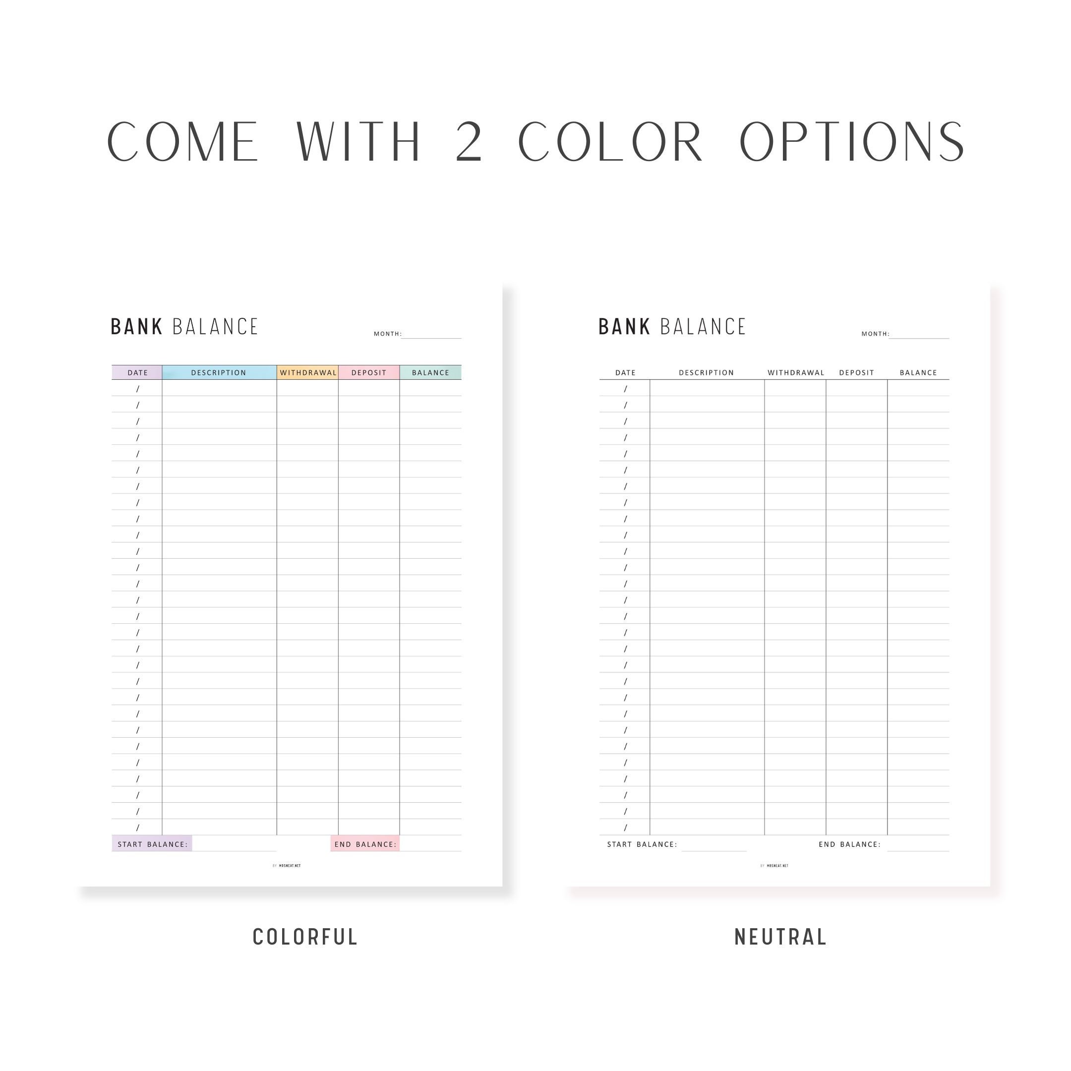 Bank Balance Sheet Printable: Savings Tracker, Finance Log (FILLABLE ...
