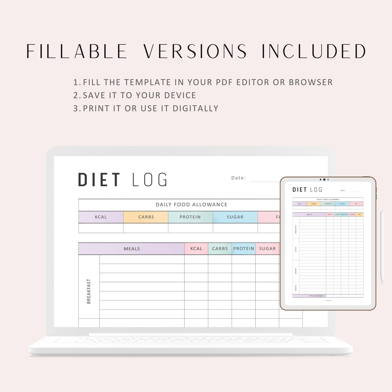 FILLABLE Diet Log PRINTABLE, Diet Journal Template, Calorie Counter Log ...