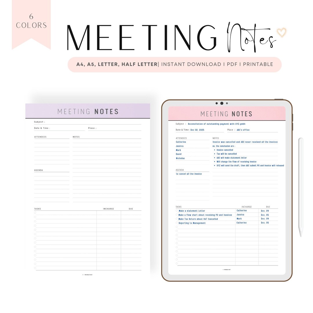 Printable Meeting Notes Template, Meeting Notes Page, PDF, A4, A5 ...