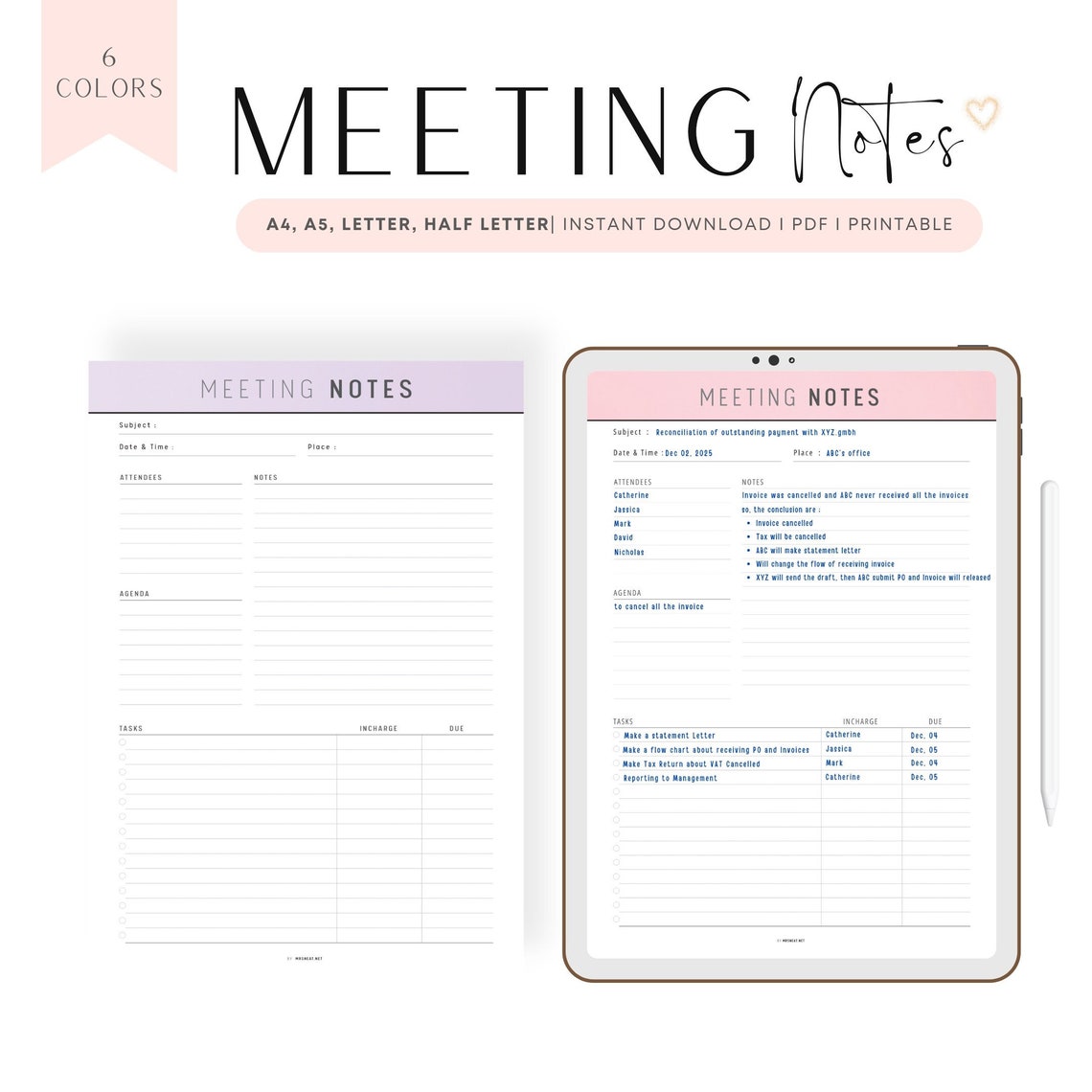 Printable Meeting Notes Template, Meeting Notes Page, PDF, A4, A5 ...