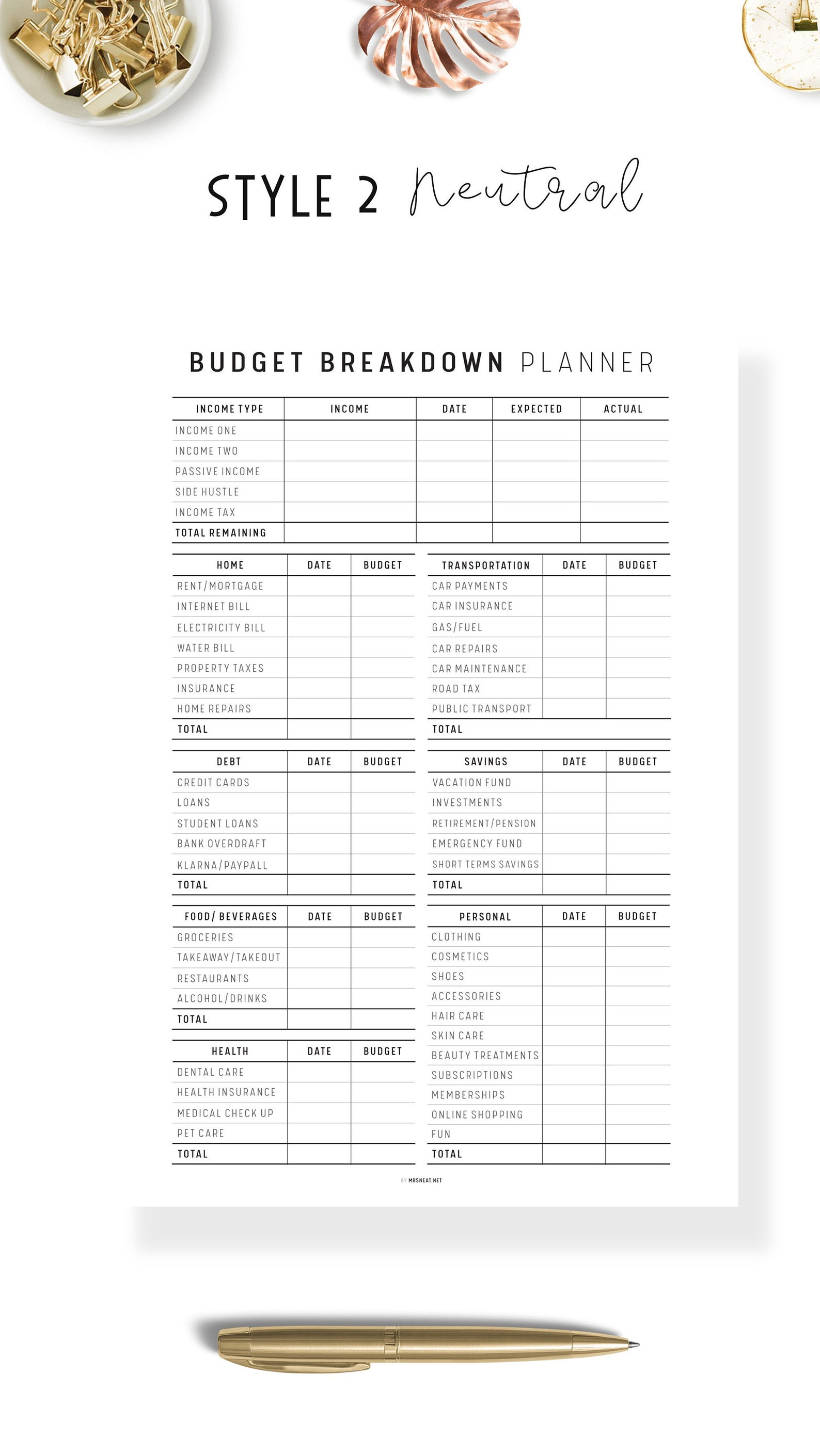 FILLABLE Budget Breakdown Planner: PRINTABLE Paycheck Template, 2 ...