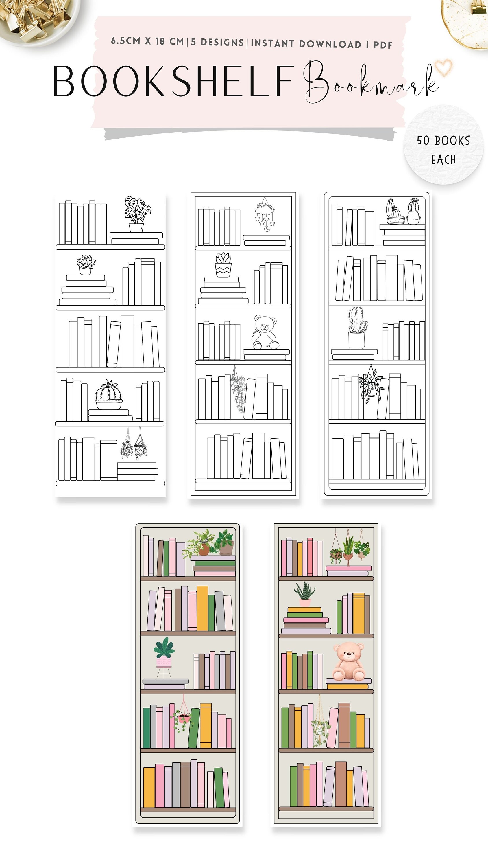 PRINTABLE Bookshelf Bookmark: Reading Tracker, 5 Designs (PDF) - Etsy