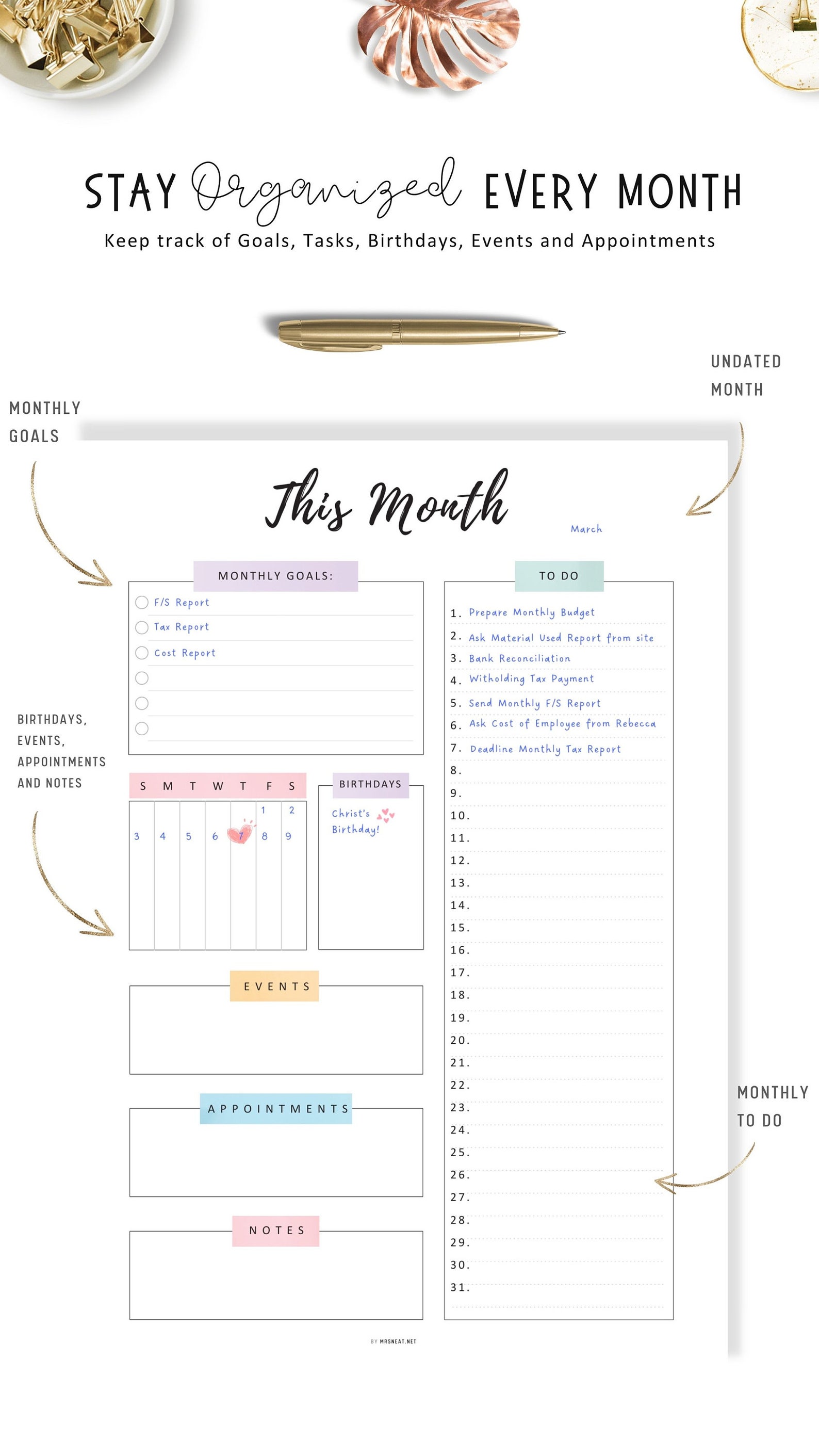 FILLABLE Monthly Planner Template PRINTABLE, Monthly Organizer, Monthly ...