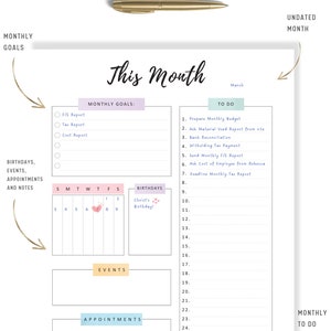 FILLABLE Monthly Planner Template PRINTABLE, Monthly Organizer, Monthly ...