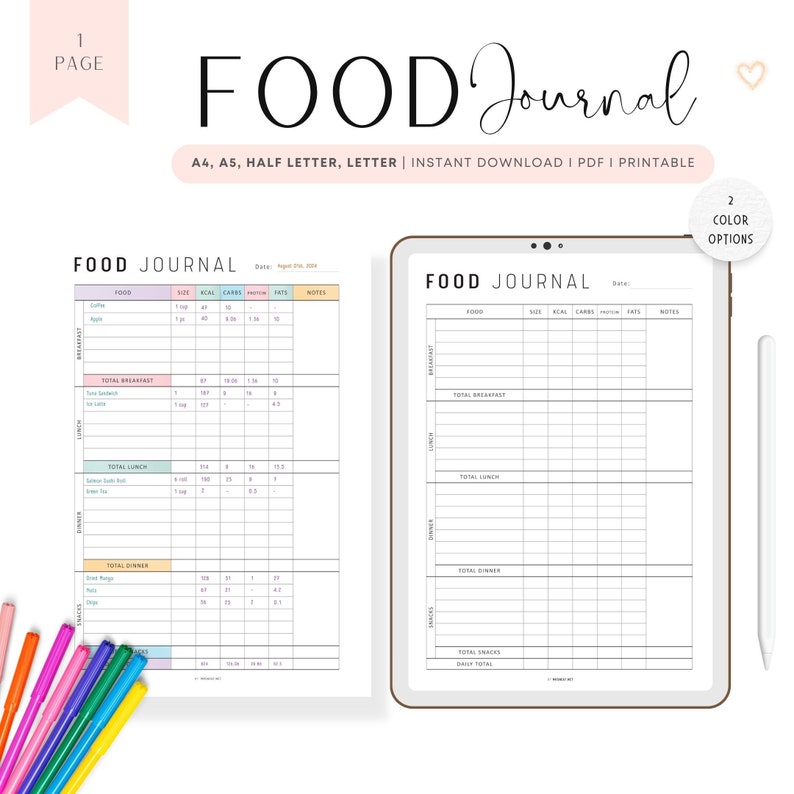 Daily Food Diary Printable, Food Journal, Minimalist Daily Calorie ...