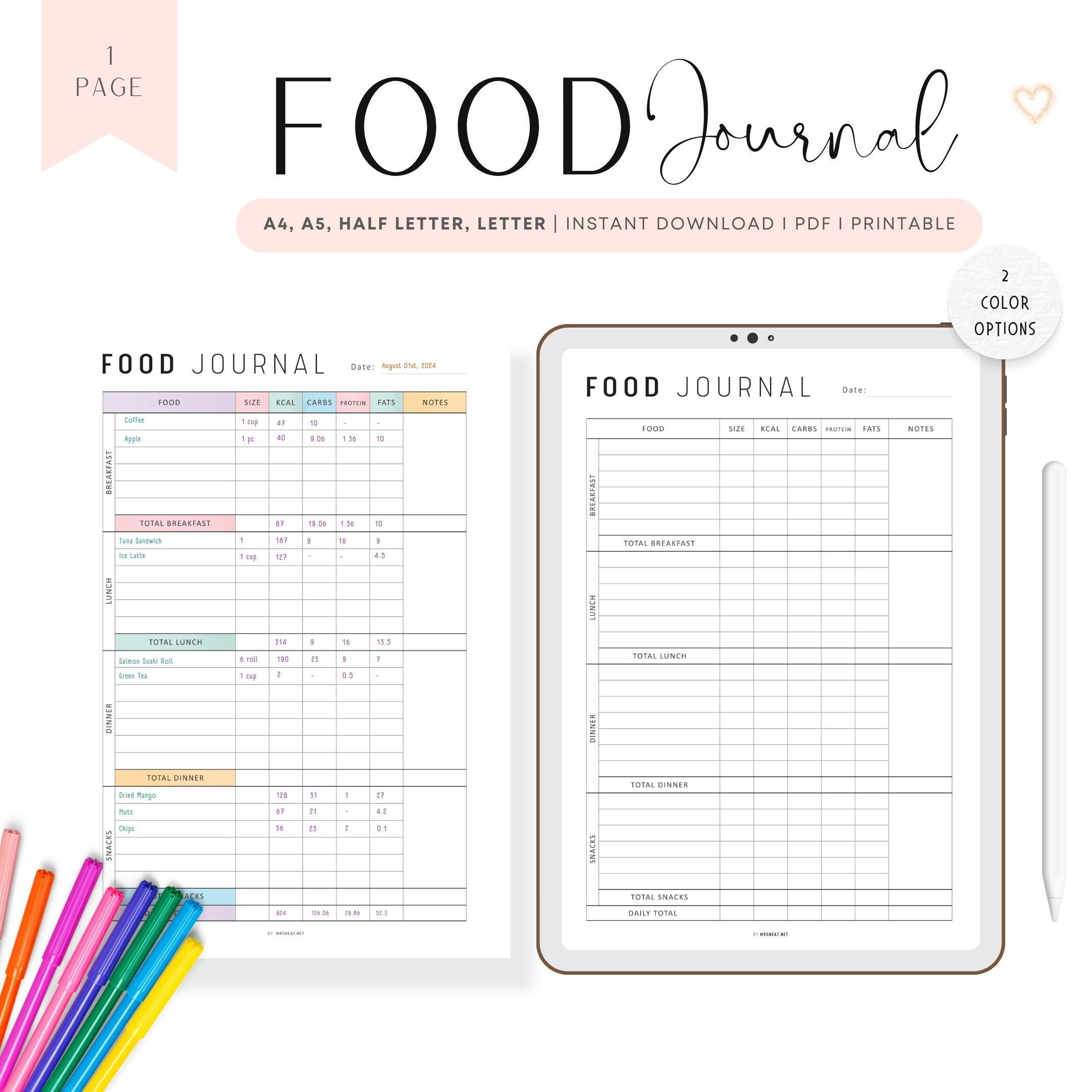 Daily Food Diary Printable, Food Journal, Minimalist Daily Calorie ...