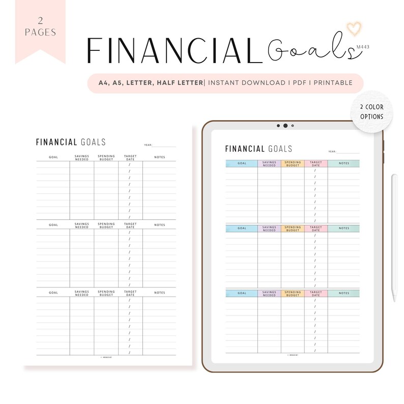 FILLABLE Financial Goals Tracker: PRINTABLE Planner, 2 Colors (A4, A5 ...