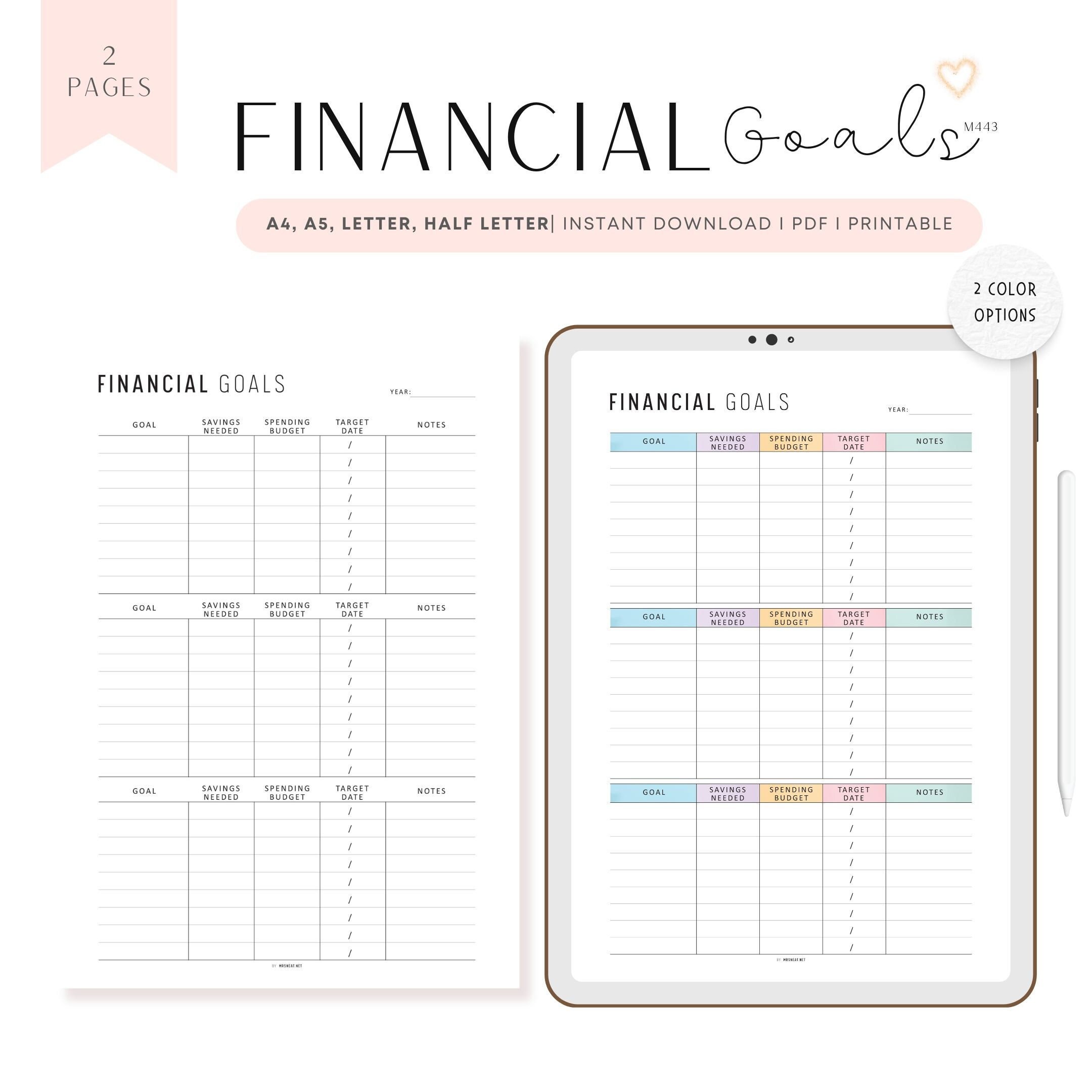 FILLABLE Financial Goals Tracker: PRINTABLE Planner, 2 Colors (A4, A5 ...