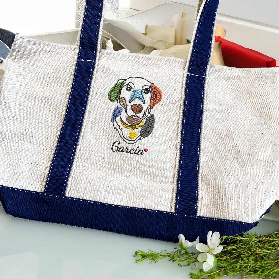 Custom Dog Tote Bag, Embroidered Pet Oneline Drawing Photo Tote Bag ...