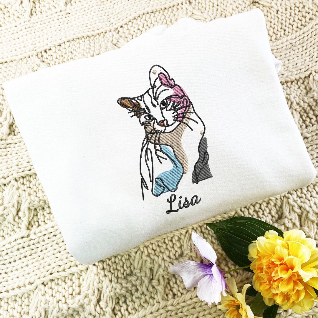 Embroidered Line Drawing Cat Sweatshirt, Personalized One Line Cat ...